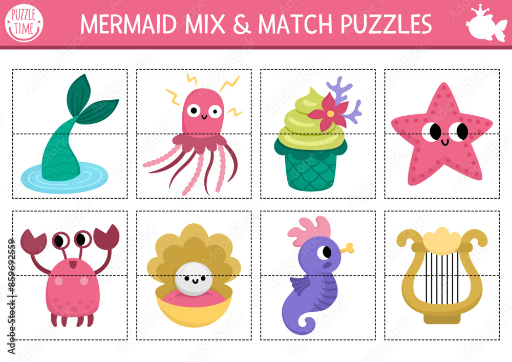 Vector mermaid mix and match puzzle with cute sea animals. Matching ...