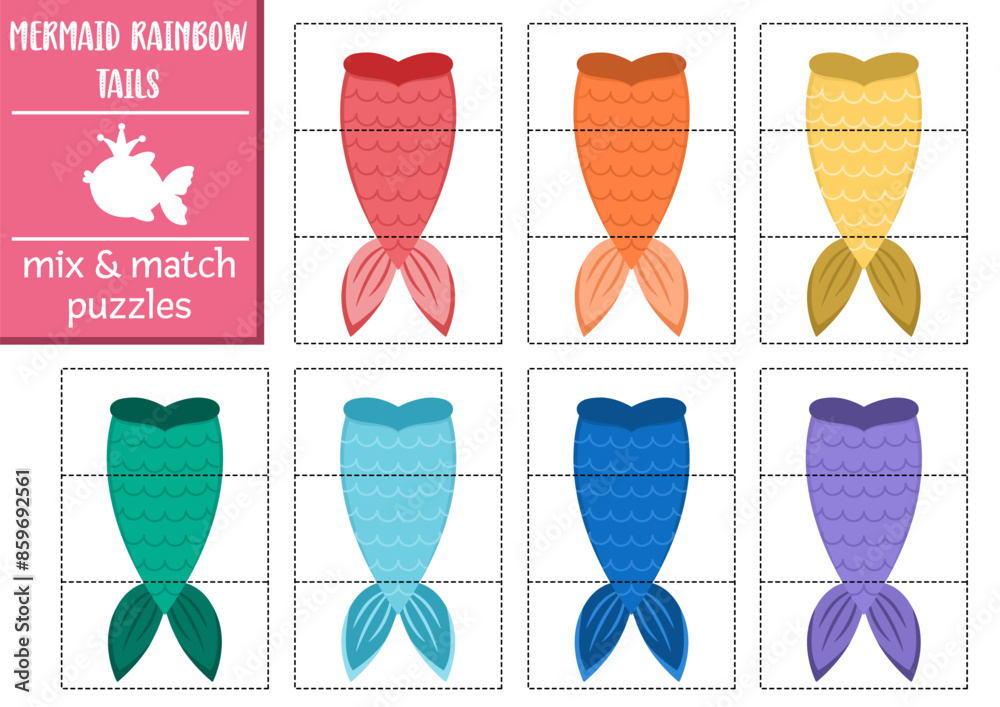 Vector mermaid rainbow mix and match puzzle with cute fish tails ...