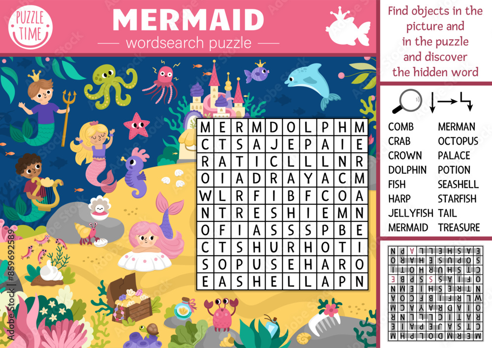 Vector mermaid wordsearch puzzle for kids. Marine word search quiz with ...
