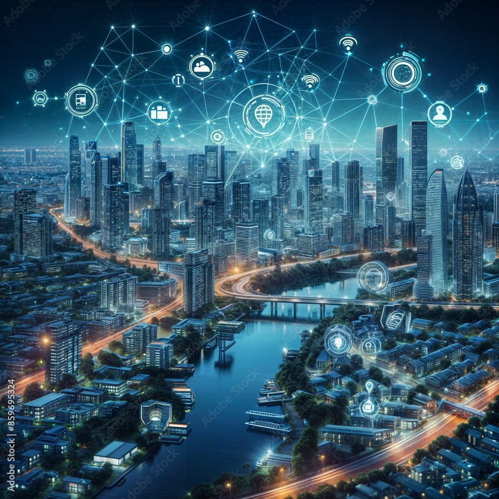 Smart city on a dark blue background, featuring intelligent ...