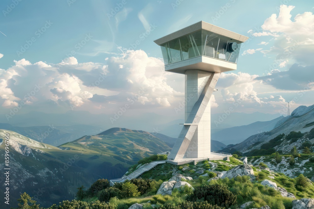 Conceptual minimalist lookout tower with smart binoculars and ...