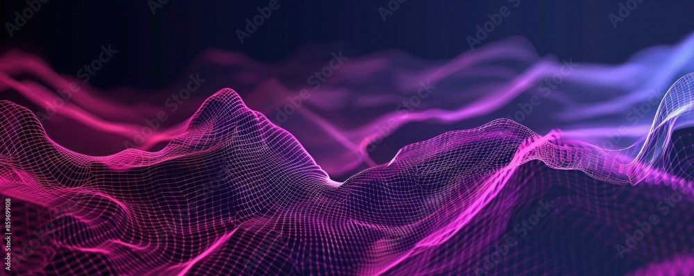 Abstract image of a purple wireframe landscape with a plexus effect ...