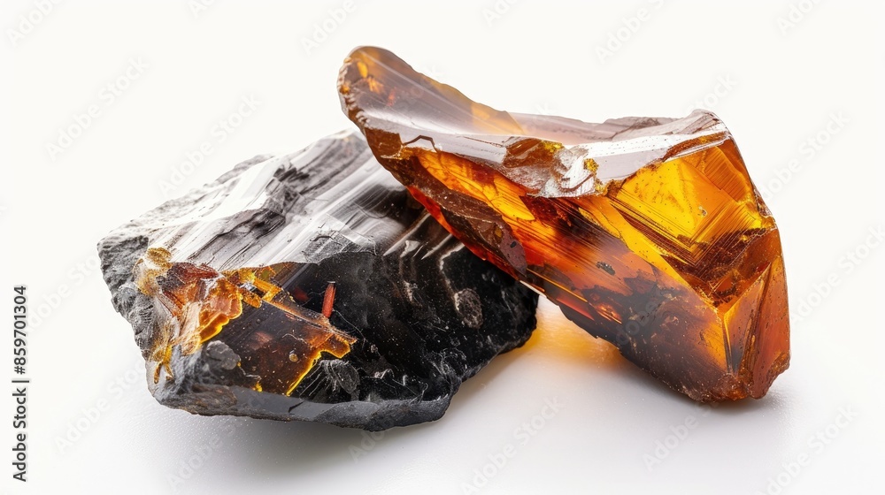 Fossilized wood and amber inclusions on a white background in ...