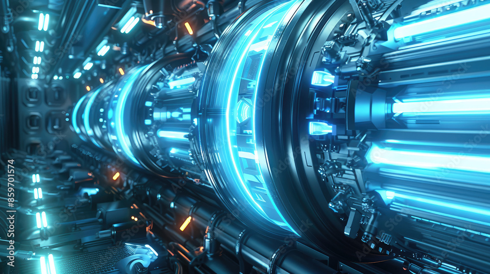 A futuristic machine with glowing blue lights and metallic parts. The ...