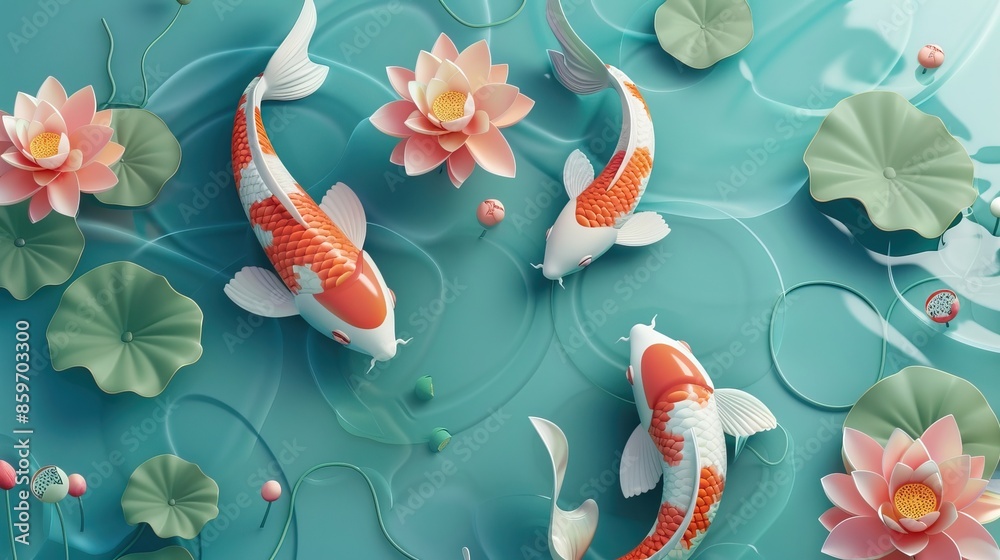 Koi fish swimming in the pond under lotus flowers in summer. Koi fish ...