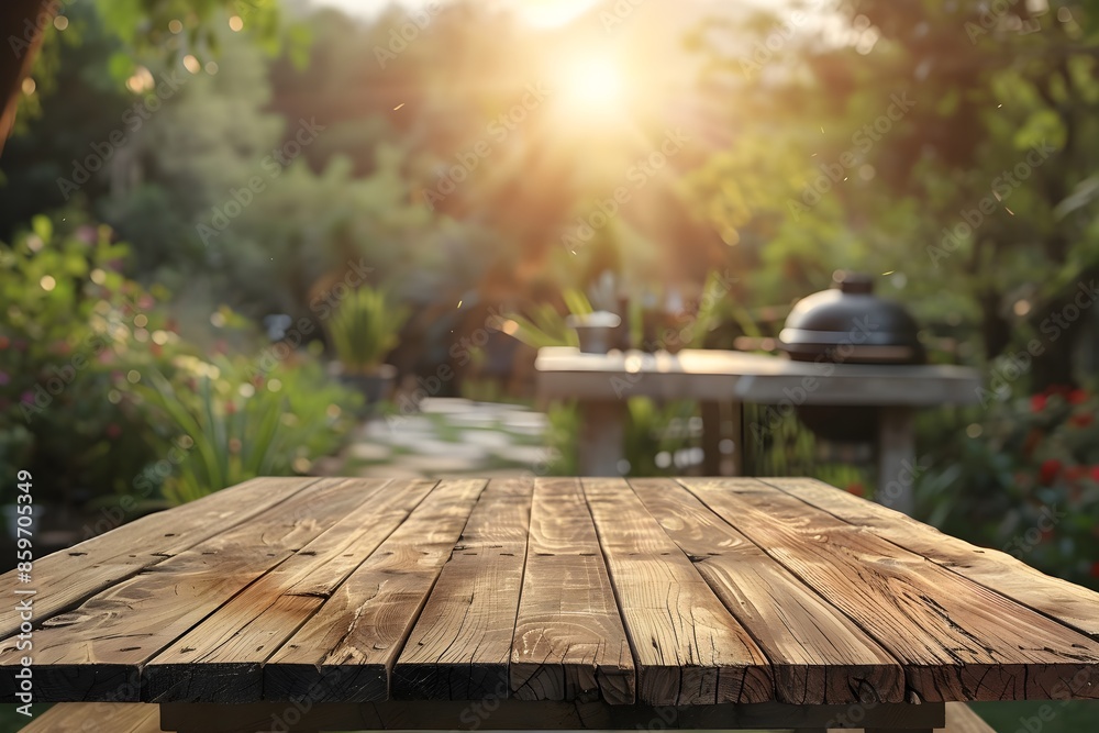 Empty wooden table and blurred bbq in the backyard background, for ...