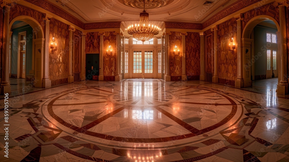 An elegantly designed ballroom featuring a grand chandelier, marbled ...