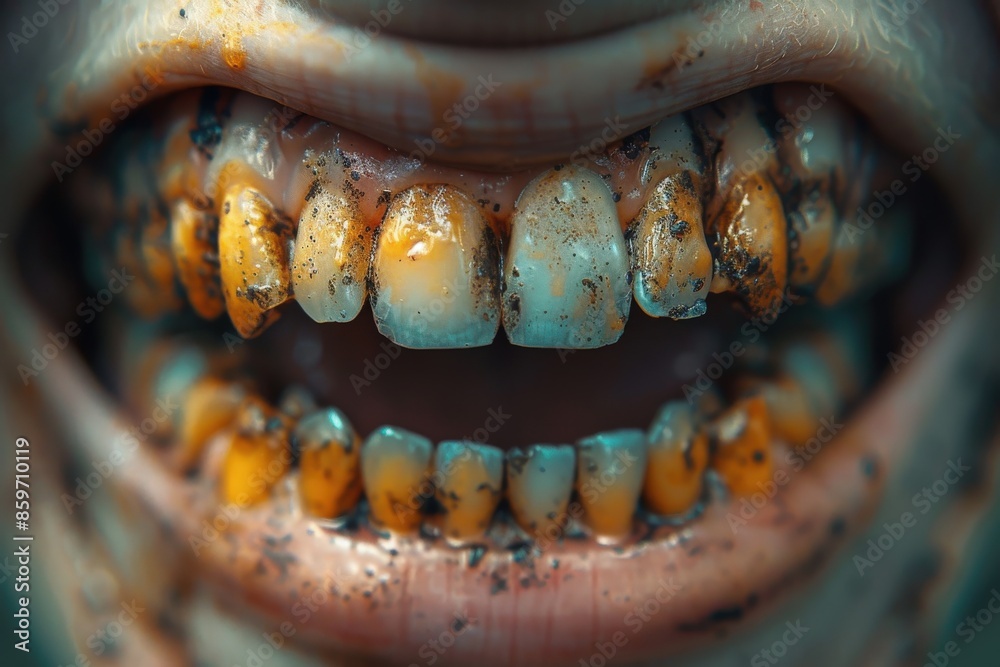 An extreme close-up photograph of severely decayed teeth covered in ...