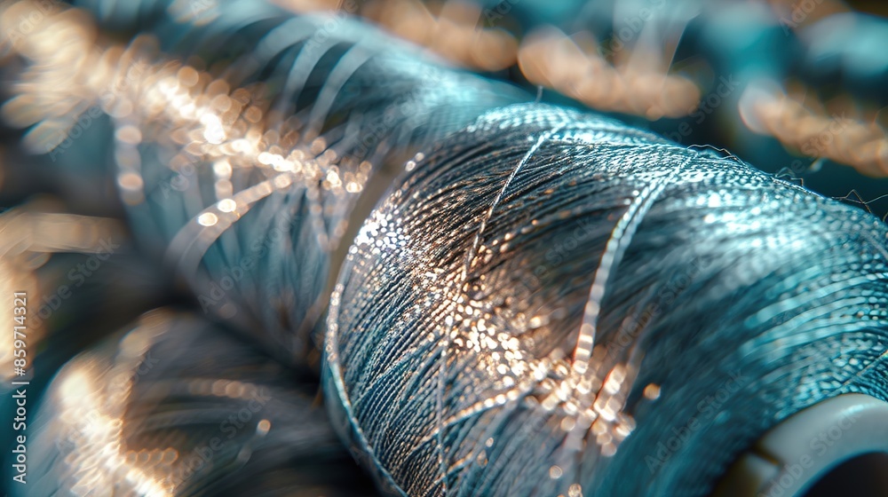 Bright macro background of silver color thread, clothing sewing ...