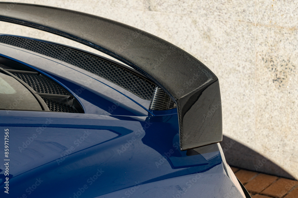 Blue Audi R8 carbon fiber rear wing closeup, Luxury sportscar external ...