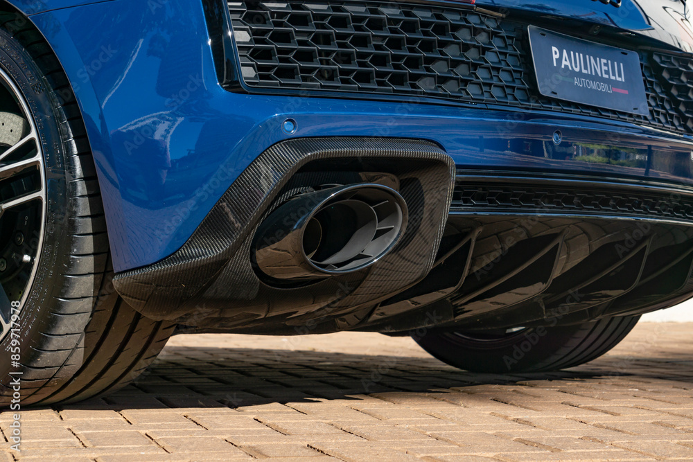 Blue Audi R8 rear end exhaust tip and tail light closeup, Luxury ...