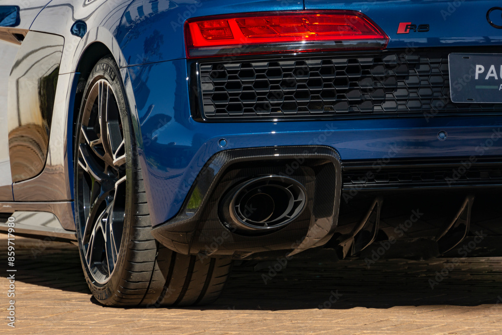 Blue Audi R8 rear end exhaust tip and tail light closeup, Luxury ...