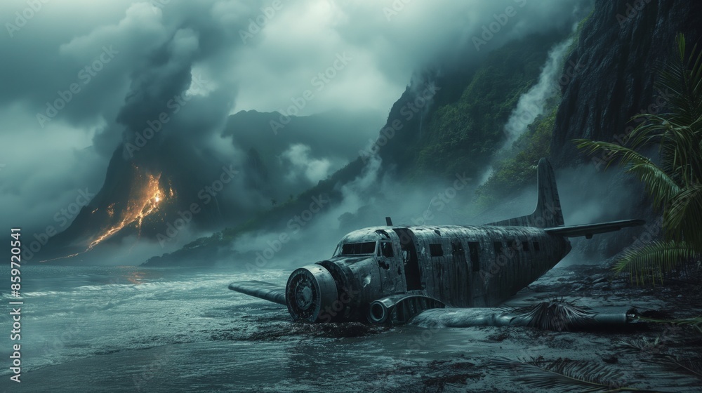 Scene of an plane crash in swamp land with fire burning and black smoke ...