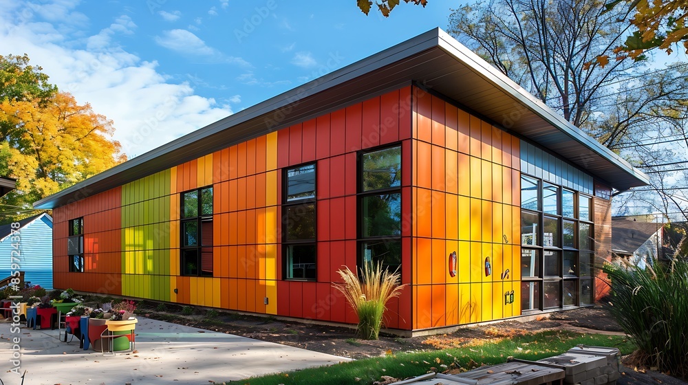 art studio with an exterior cladding of bright, boldly painted fiber ...