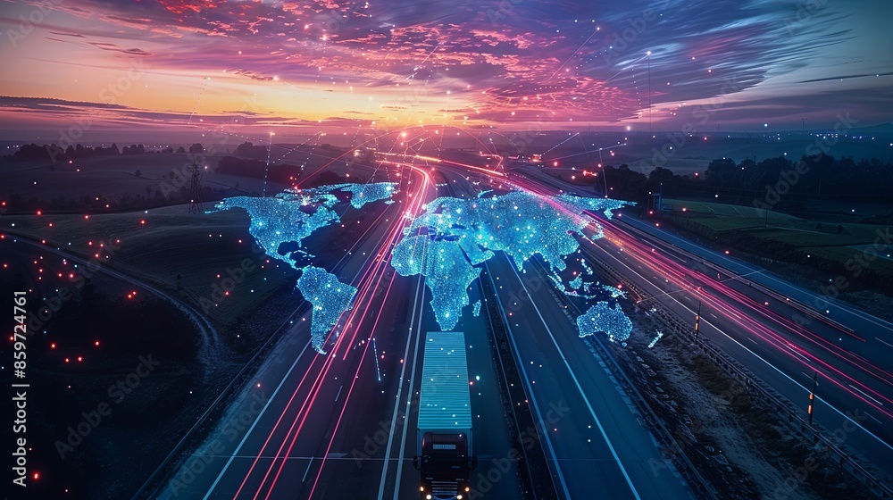 Depicts a truck traveling on a highway towards the city skyline with a ...