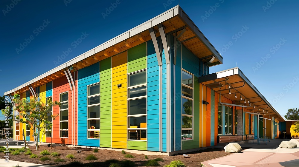 eco-friendly school building featuring colorful, insulating fiber ...