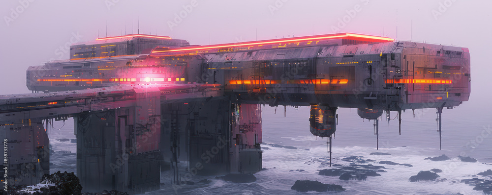 Futuristic Sci Fi Coastal Fortress with Neon Lights During Misty ...