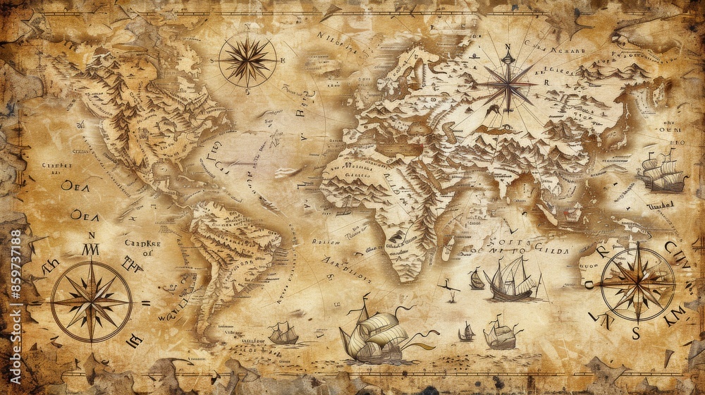 An antique world map illustrating sailors' routes with detailed ...