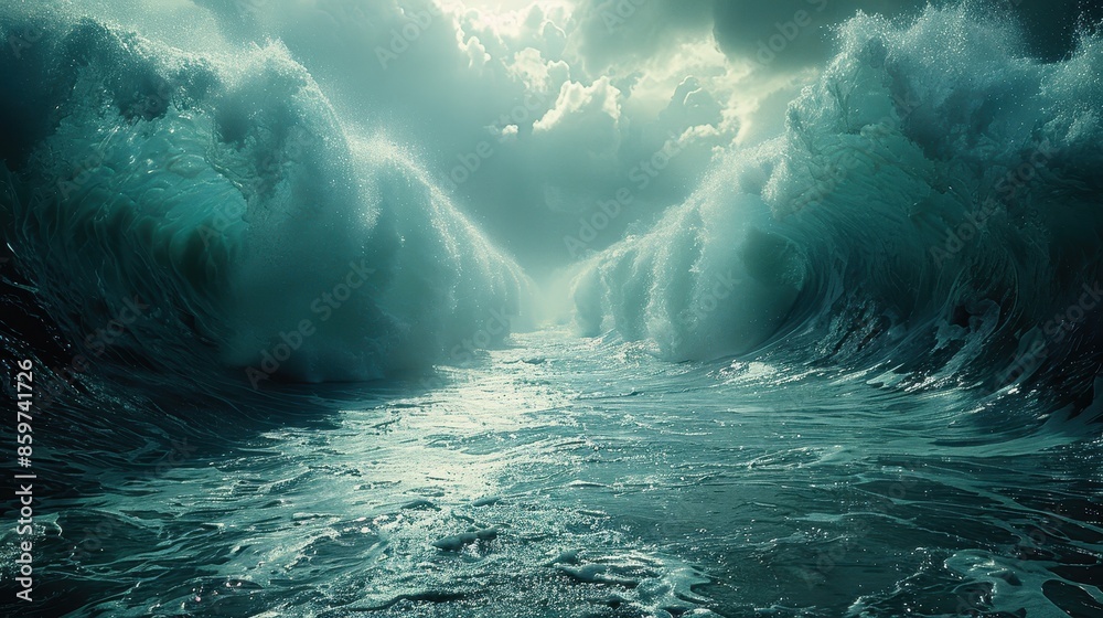 This image captures the dynamic motion of roaring ocean waves surging ...