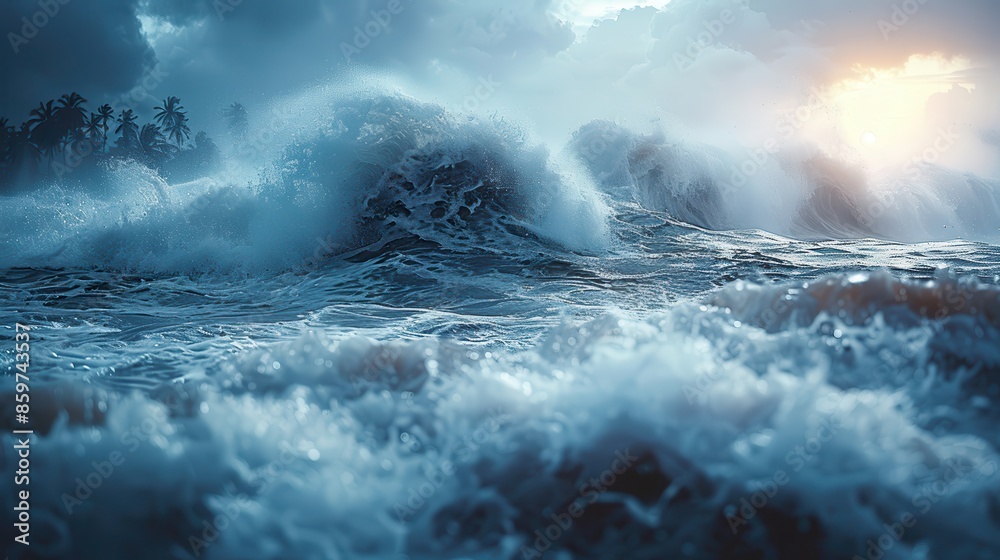 Giant ocean waves rise under a moody, stormy sky at dusk, with dark ...