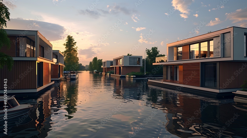 series of floating homes on a river, each clad in waterproof fiber ...