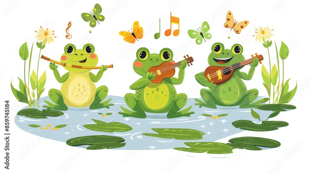 In this funny cartoon for kids, a frog band is playing music on the ...