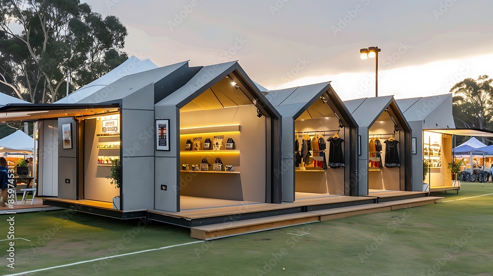 series of modular pop-up shops at a summer festival, each constructed ...