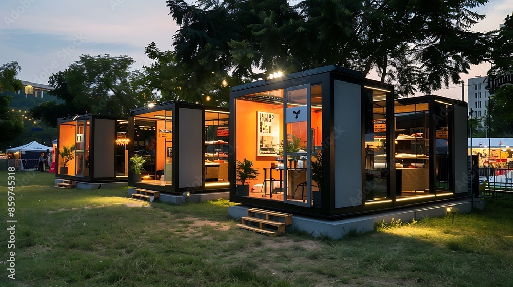 series of modular pop-up shops at a summer festival, each constructed ...