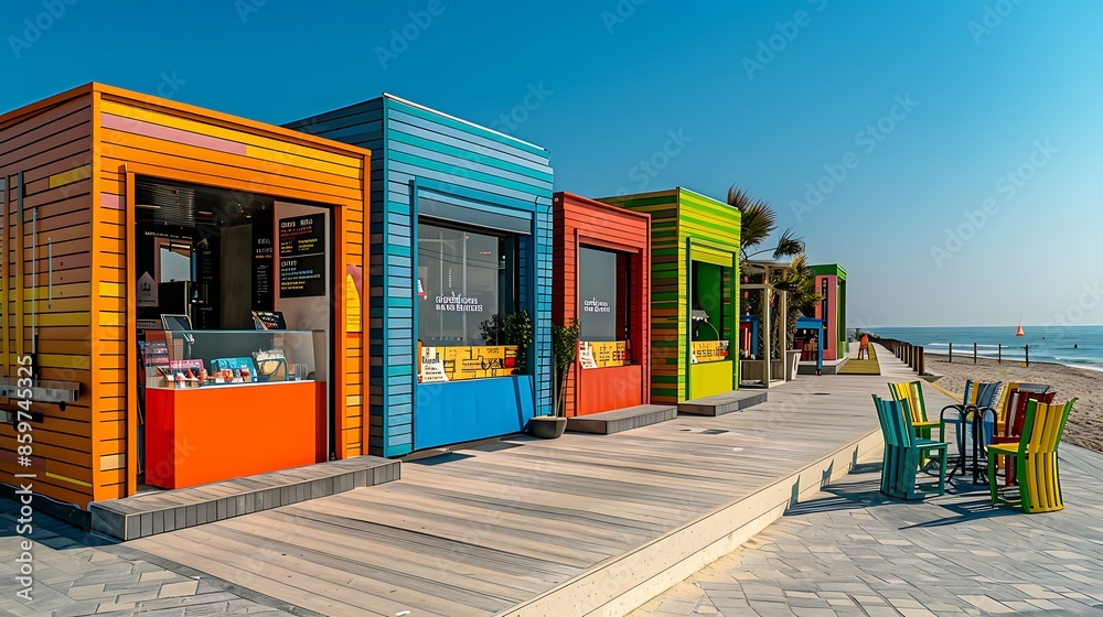 series of pop-up retail kiosks along a beach promenade, each made from ...