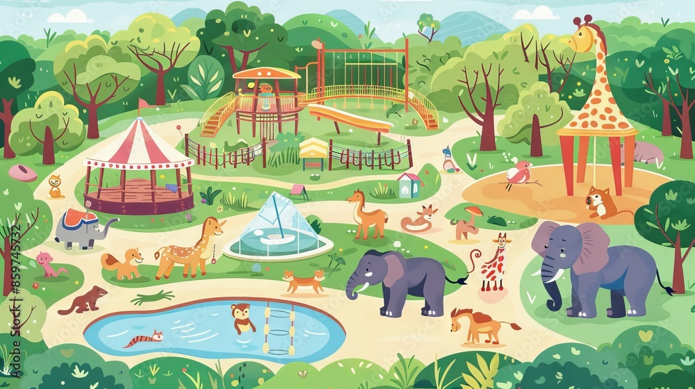 This cartoon illustration of an animal enclosure map of a zoo features ...