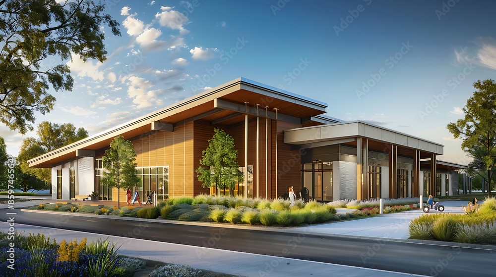 suburban community hall with a facade of elegantly textured fiber ...