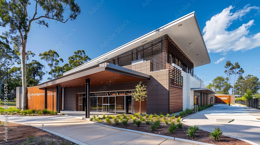suburban community hall with a facade of elegantly textured fiber ...