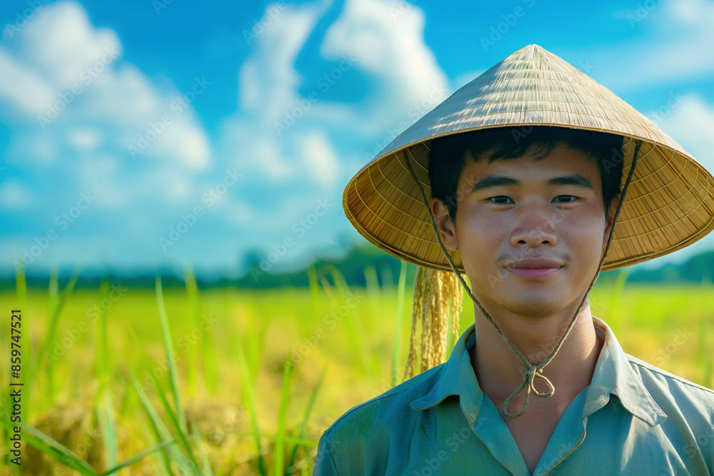 vietnamese man in a triangular straw hat on the background of a rice ...