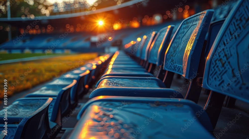 Blue stadium seats illuminated by the warm glow of a setting sun ...