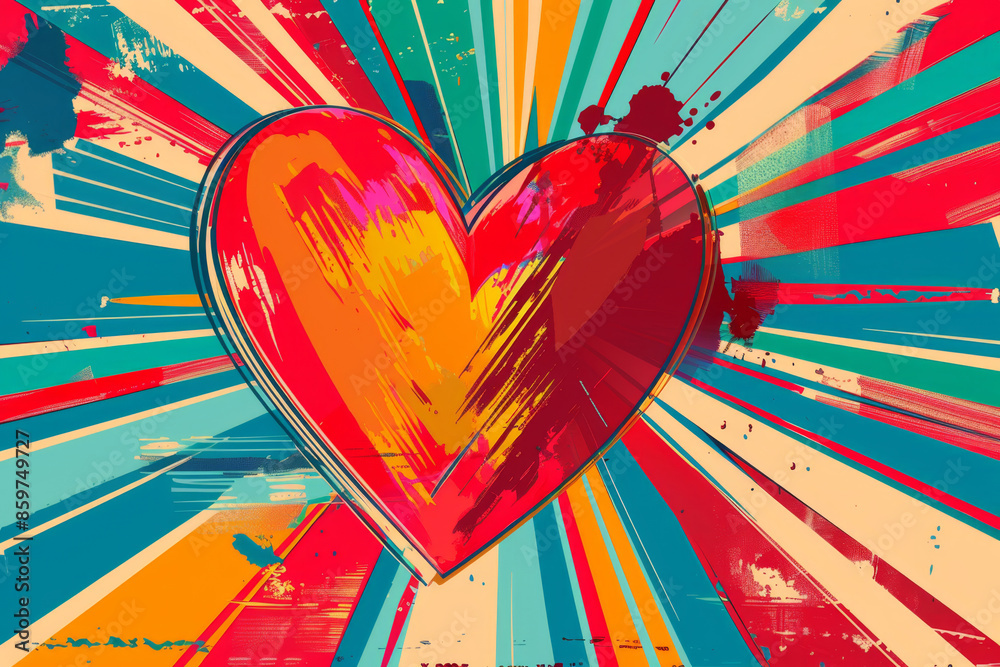 Large red heart is exploding with love and passion on a colorful ...