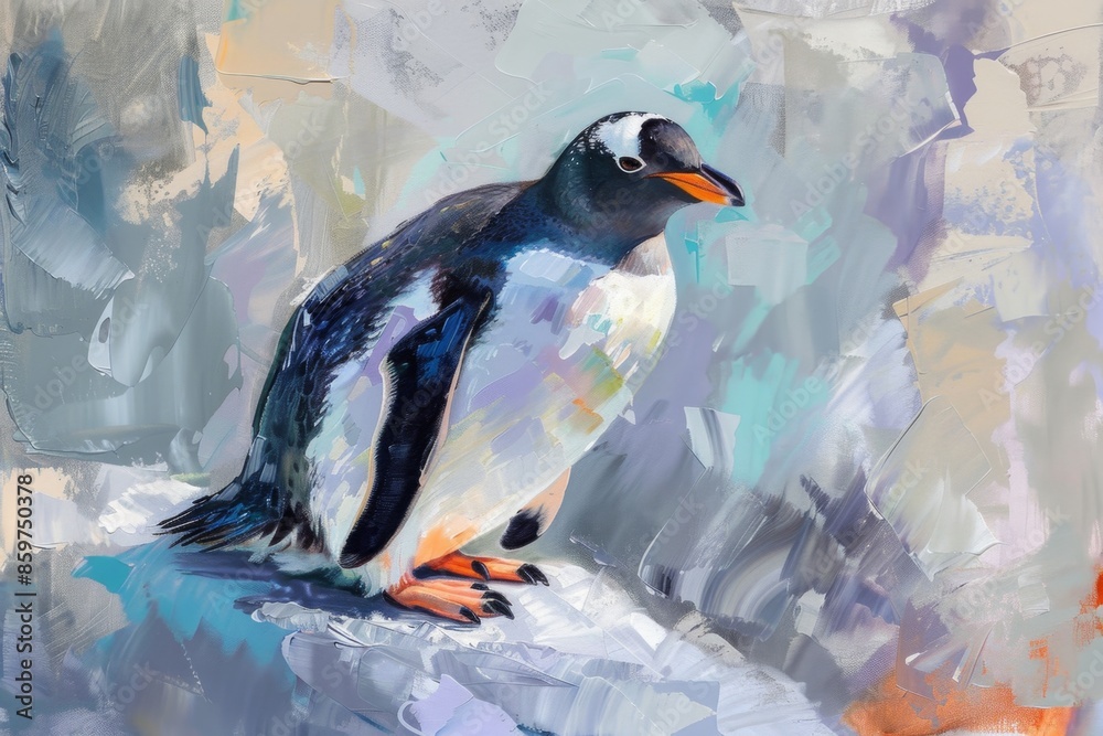 Artistic rendering of a gentoo penguin standing on an ice floe with an ...