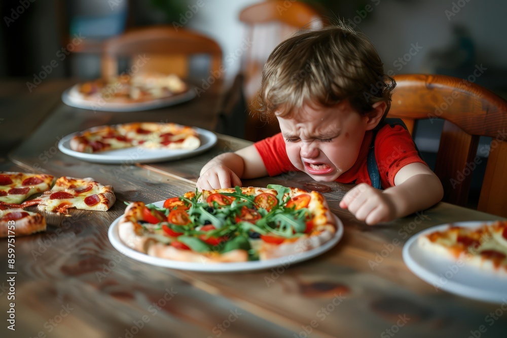 little boy preschooler crying and making faces over plate of food ...