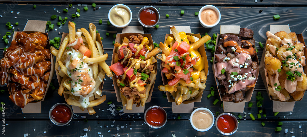 A variety of poutine with different toppings, captured with vibrant ...