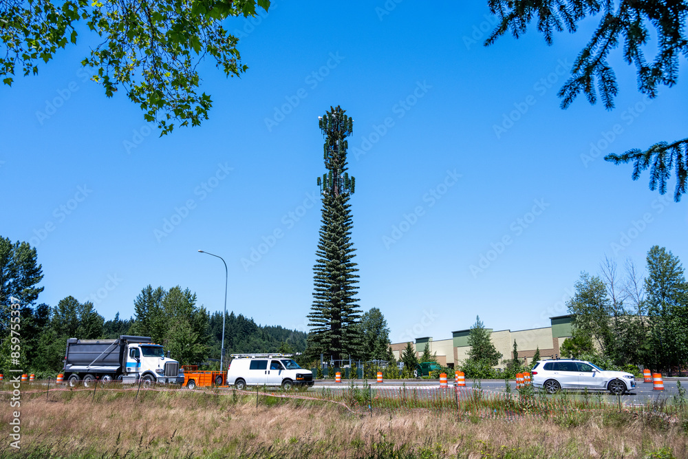 Mobility cell site camouflaged as a fir tree with artificial branches ...