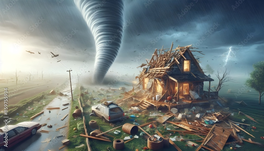 Strong tornado destroyed house. Debris and wrecked trees and cars ...