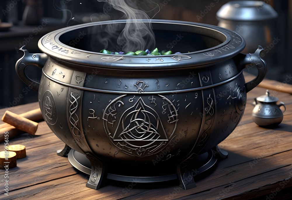 Cauldron mystical image with witchcraft tool and magic symbols. Its ...