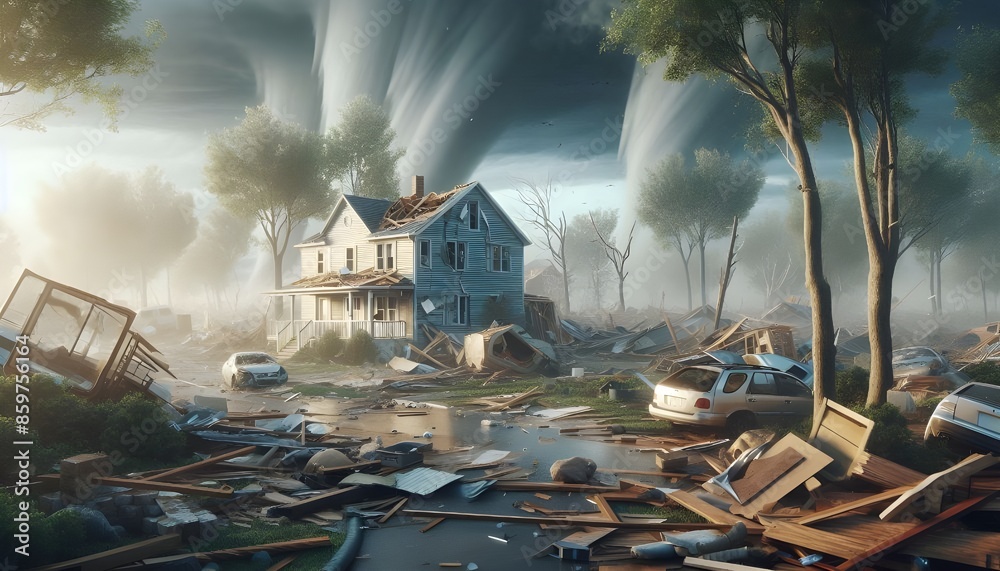 Strong tornado destroyed house. Debris and wrecked trees and cars ...