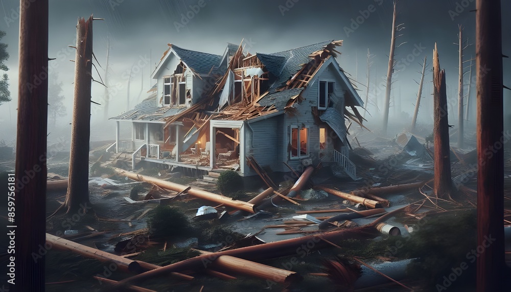 Strong tornado destroyed house. Debris and wrecked trees and cars ...