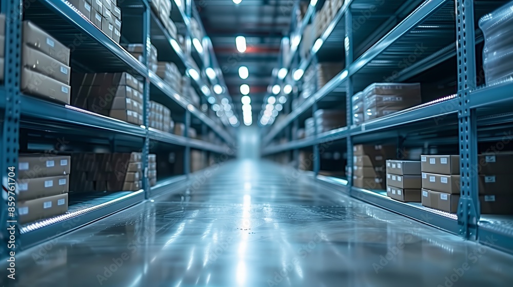 A perspective view of a long aisle in a contemporary warehouse. Tall ...