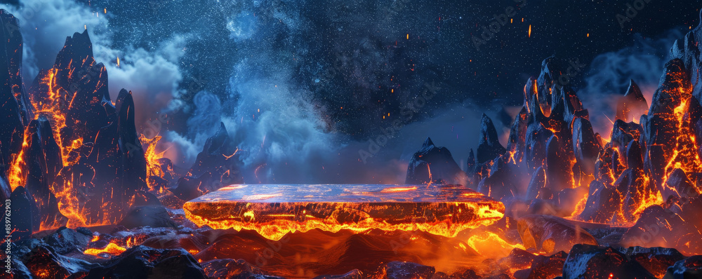 A surreal fire lava podium setup with a transparent podium floating ...