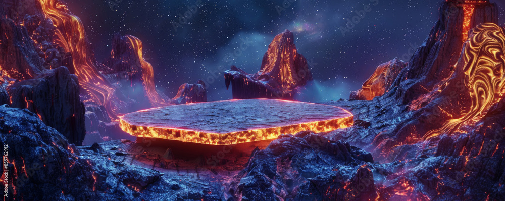 A surreal fire lava podium setup with a transparent podium floating ...