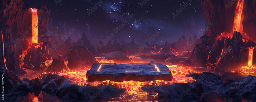A surreal fire lava podium setup with a transparent podium floating ...