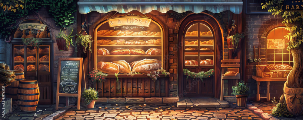 Bread bakery background featuring a quaint bakery storefront with a ...