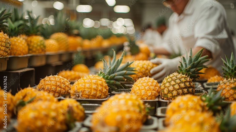 Workers in a factory sorting and processing fresh pineapples on a ...