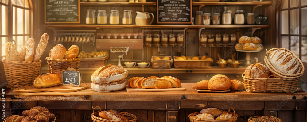 Bread bakery background featuring a vintage bakery shop counter with ...